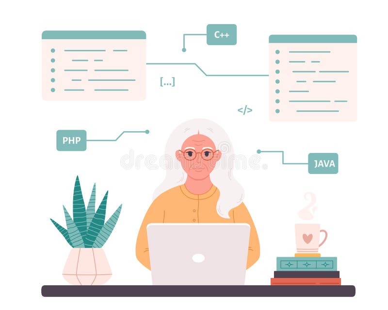Old Woman Working on Computer at Home. Programming, Freelance, Remote ...