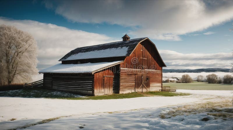 Old Wood Barn with Spring Snow and Interesting Clouds Stock ...