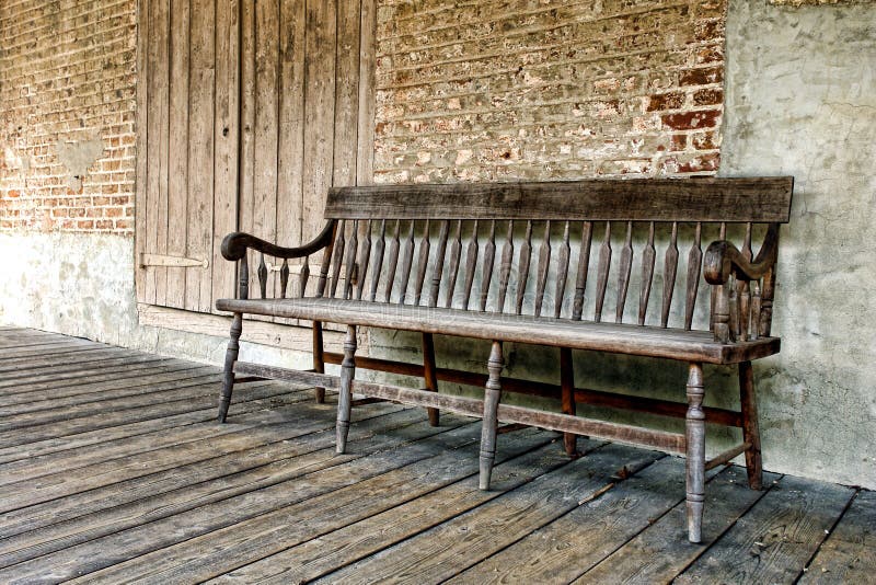 Old Wood Bench on a Historic House Porch Stock Image - Image of grunge ...