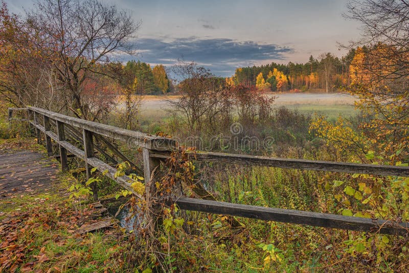 Old Wood Bridge Covered in Fallen Leaves. HDR Technique Stock Image ...