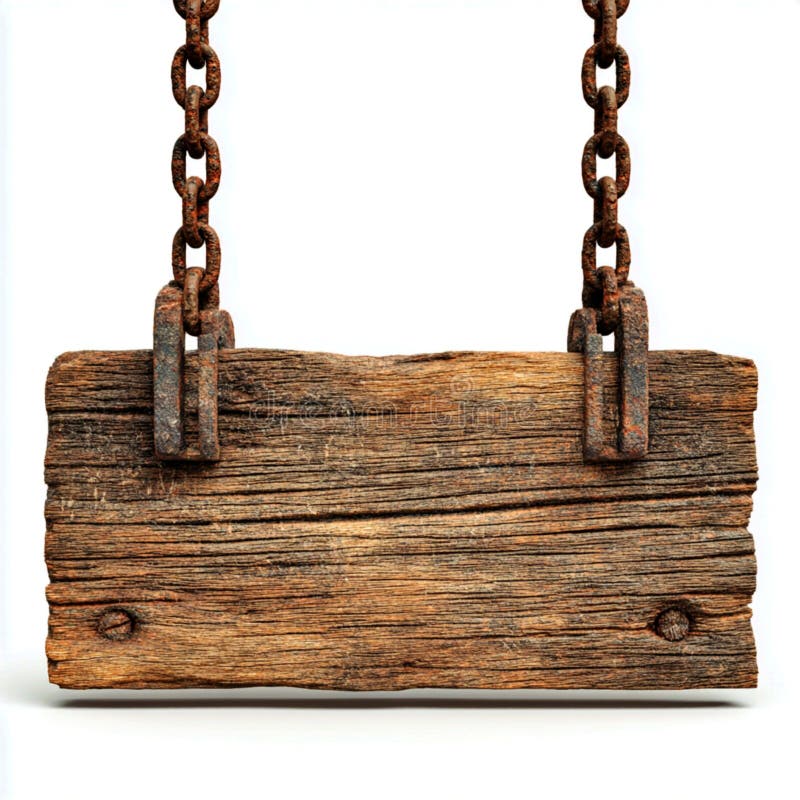 Old Wood Plank Hanging from Rusty Chains on White Surface Stock ...