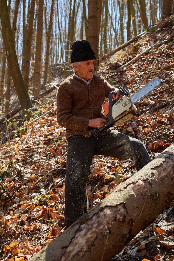 Old Woodcutter at Work with Chainsaw Stock Image - Image of farmer ...