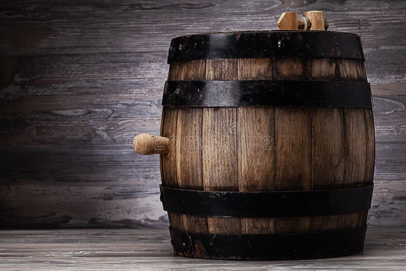 Old Wooden Barrel Standing on Table Stock Photo - Image of beverage ...