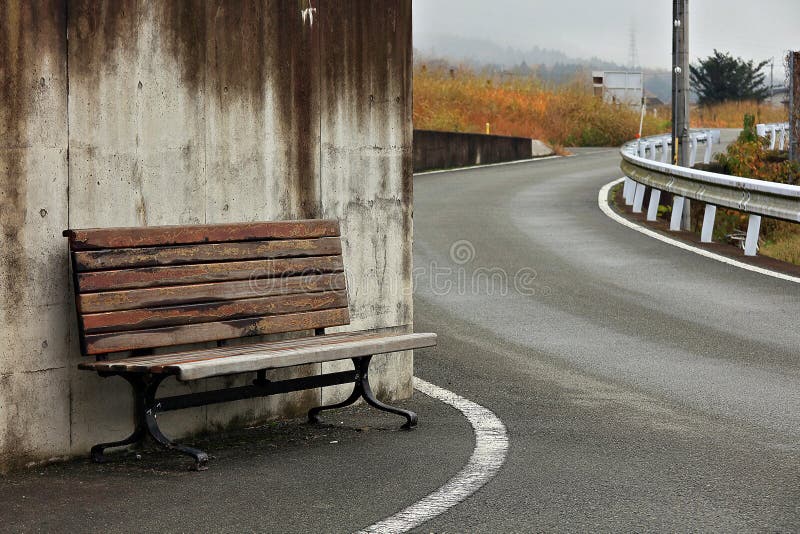 Old Wooden Bench on Sidewalk on Road Stock Image - Image of blossom ...