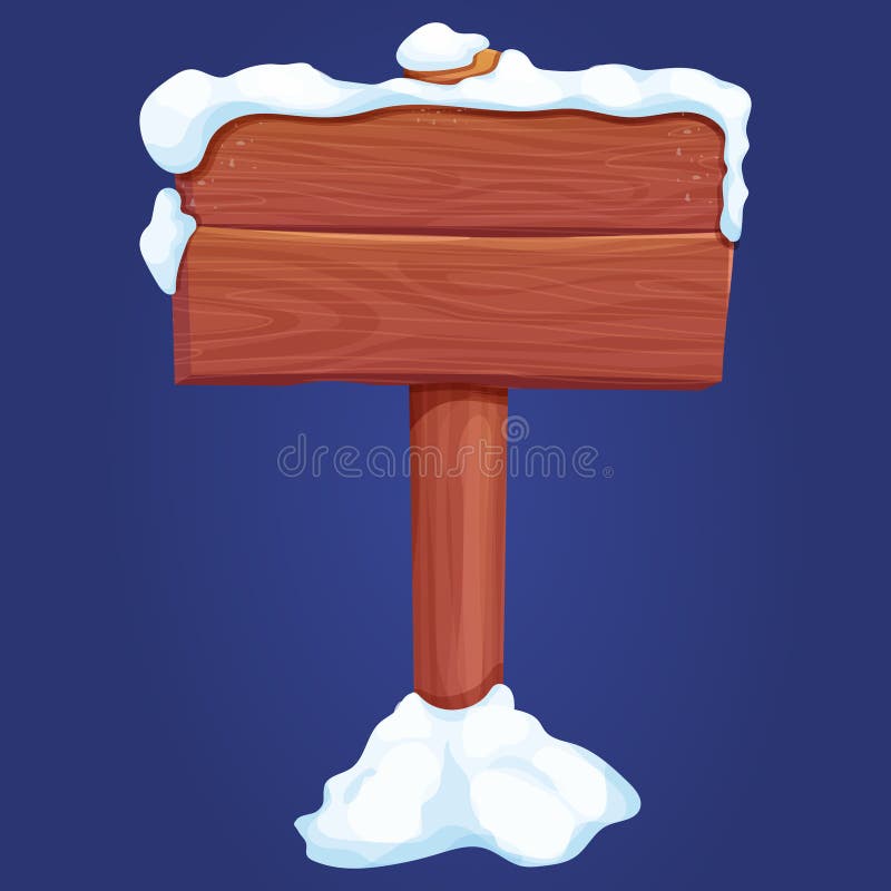 Old Wooden Blank Signboard With Snow In Cartoon Style Empty Frame