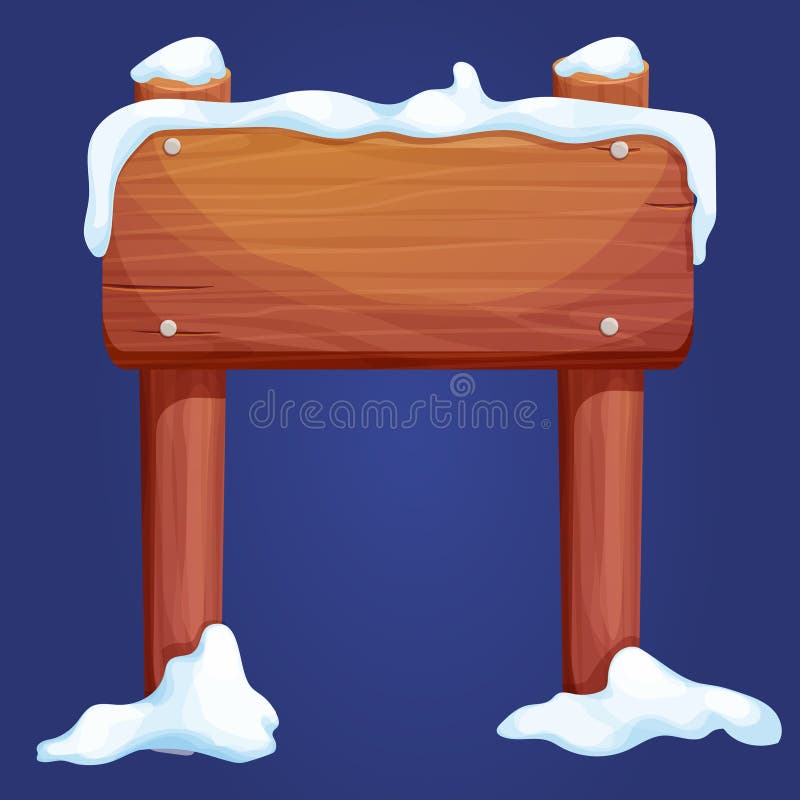 Old Wooden Blank Signboard With Snow In Cartoon Style Empty Frame
