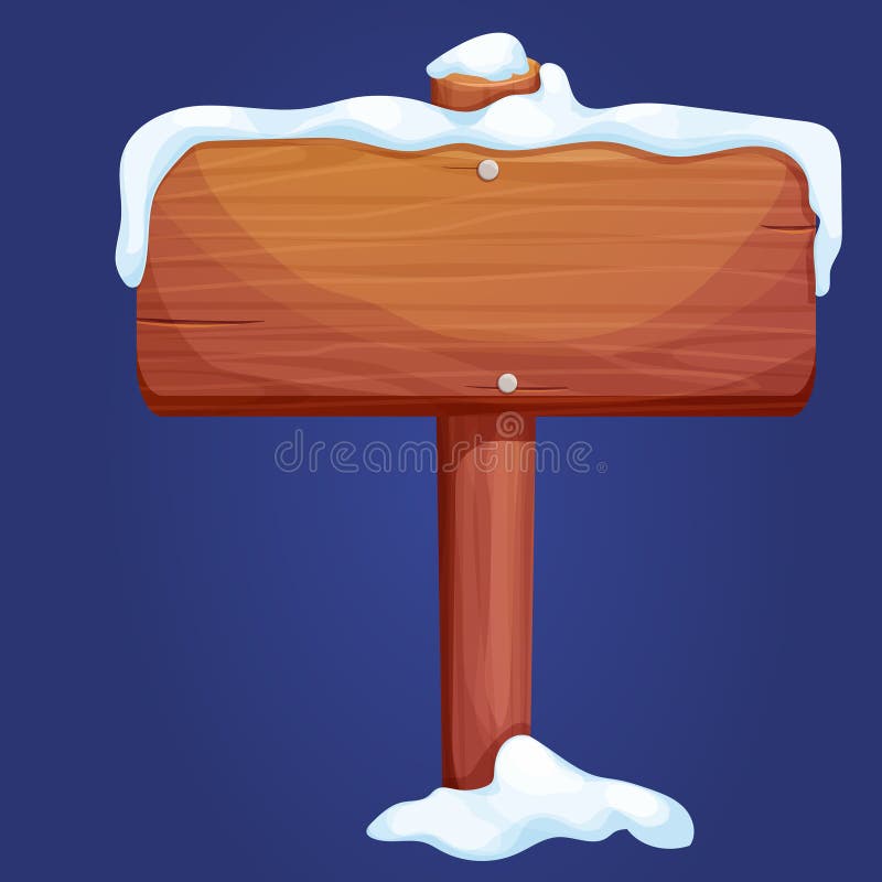 Old Wooden Blank Signboard With Snow In Cartoon Style Empty Frame