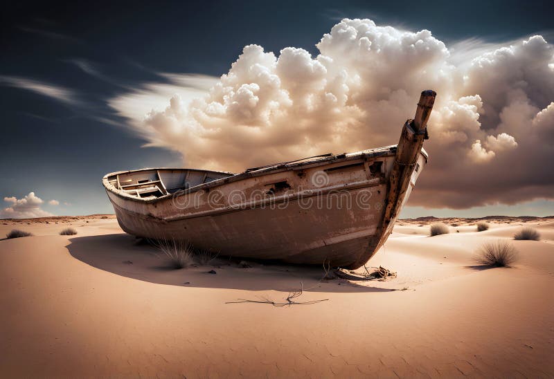 Old Wooden Boat Abandoned in the Desert Surrounded by Sand Stock ...