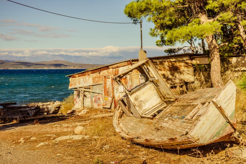 Old Boat on Beach Sea Shore Stock Image - Image of boat, greek: 120660199