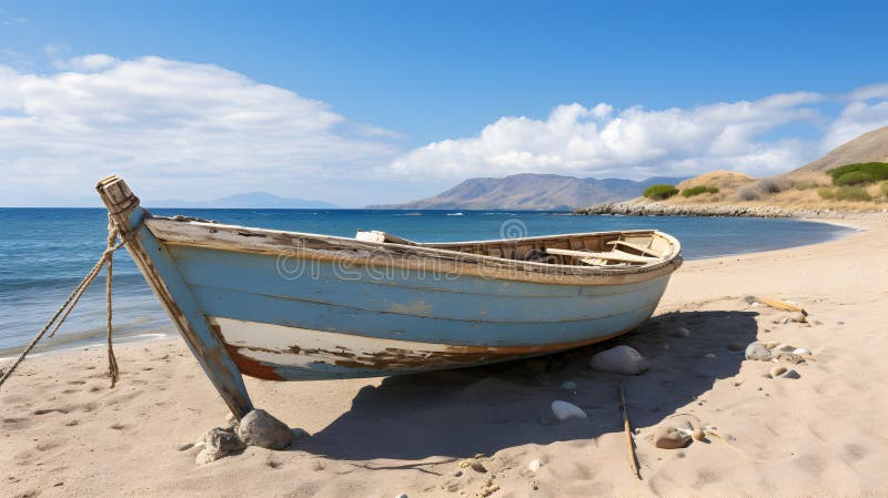 An Old Wooden Boat on a Sandy Beach - AI Generated Stock Illustration ...