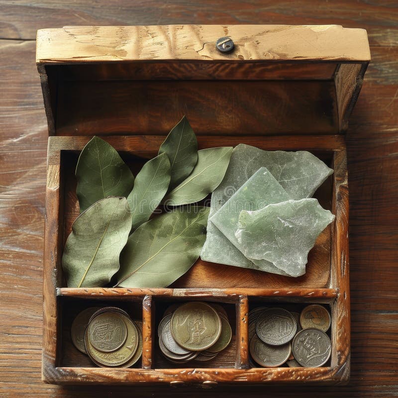 Old Wooden Box with Green Laurel Leaves on Rustic Wooden Background ...