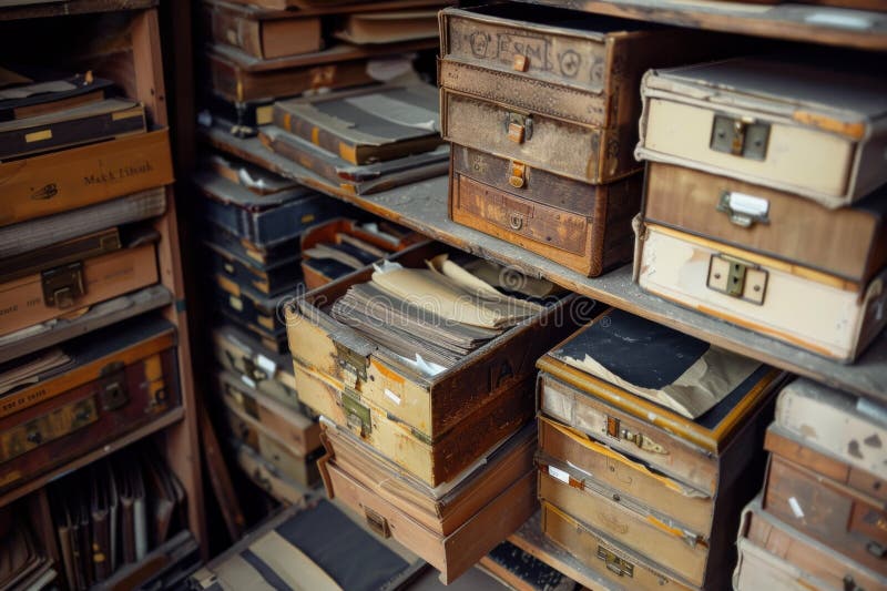 Old Wooden Boxes Overflowing with Papers in Dusty Archive Stock Photo ...