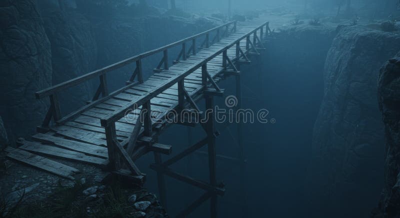 Old Wooden Bridge Over Deep Gorge in Fog Stock Illustration ...