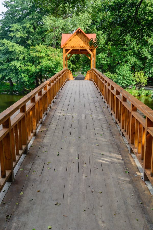 Old Wooden Bridge Over the River with Arbor. Forest River. Stock Photo ...