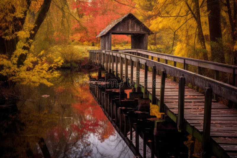 Old Wooden Bridge Surrounded by Fall Colors Stock Illustration ...