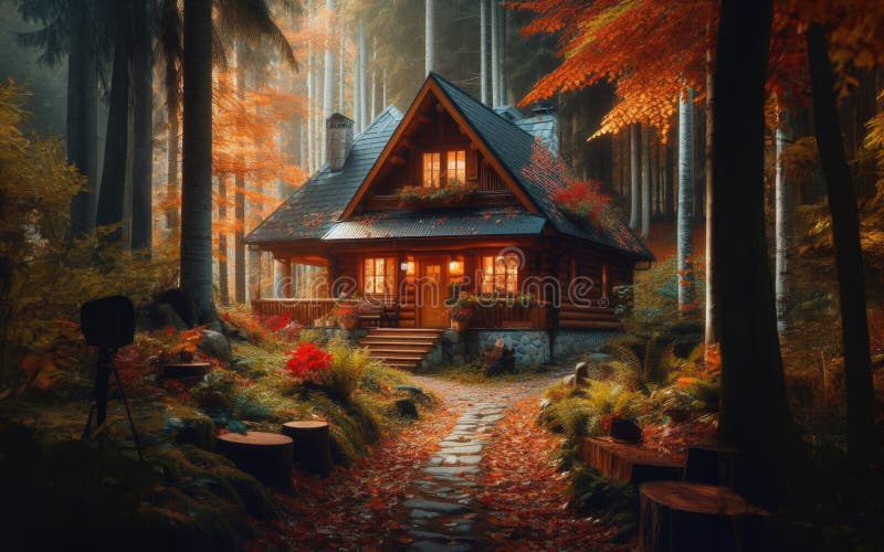 Old Wooden Cabin in the Autumn Forest, Fall Stock Image - Image of ...