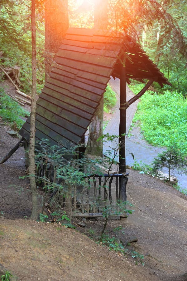 Old Wooden Canopy with Bench in Forest Park Stock Photo - Image of ...