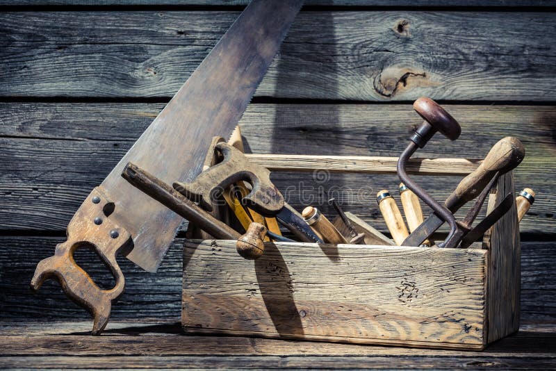 Old Wooden Carpenters Box with Tools Stock Photo - Image of repair ...