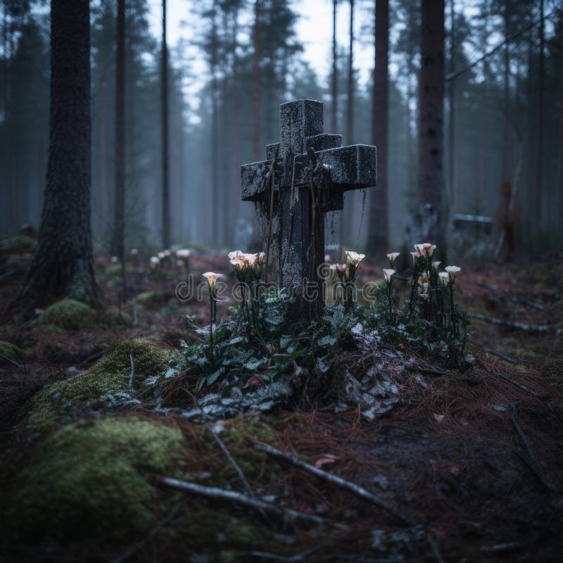 An Old Wooden Cross Sits in the Middle of a Forest Stock Illustration ...