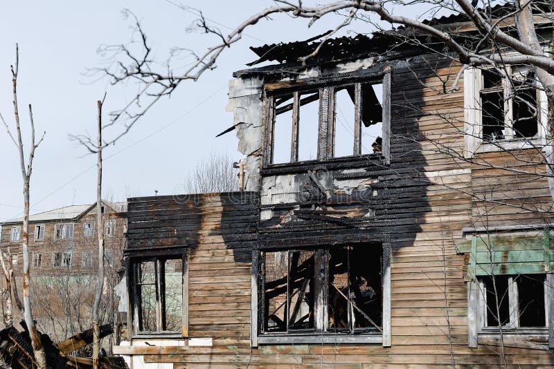 The Old Wooden Burned-down House Front View Stock Photo - Image of ...