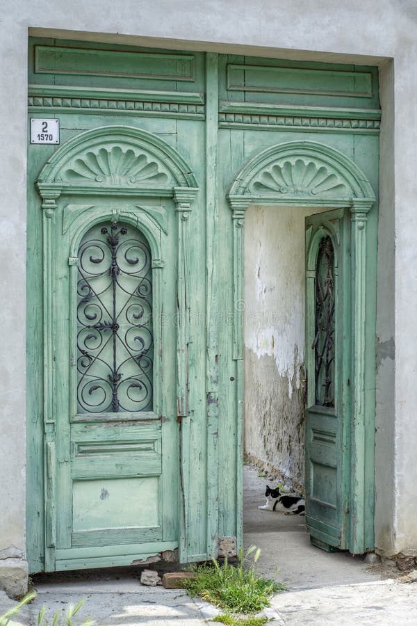 Old Wooden Decorative Open Gate with a Cat in the Hallway Stock Image ...