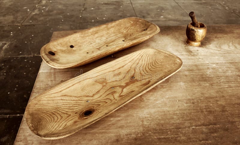 Old wooden dishes on table stock photo. Image of retro - 162949594