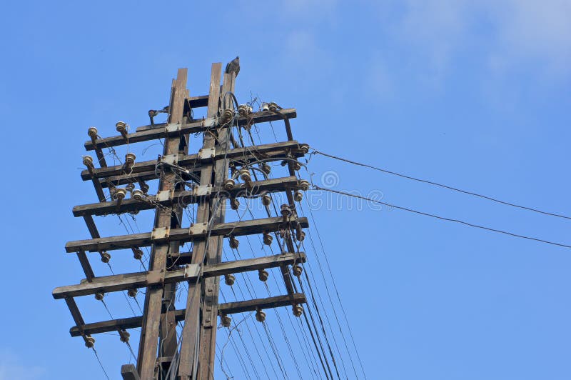 Old Wooden Electricity Post with Blue Sky Stock Image - Image of retro ...