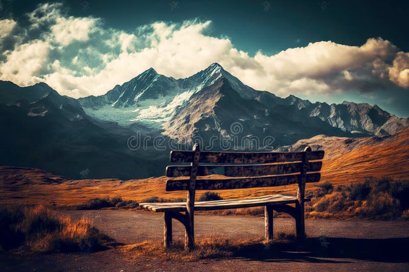 Old Wooden Empty Bench in Mountain Stands Against Backdrop of Mountain ...