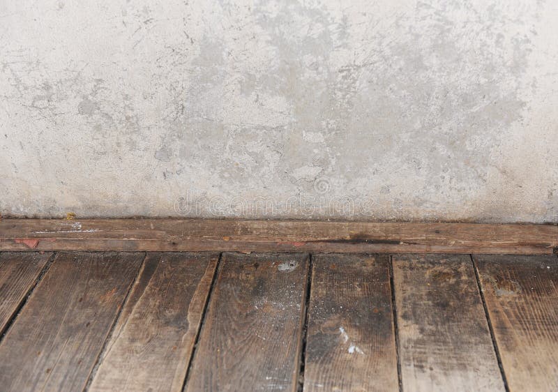 Old Wooden Floor and Scuffed Concrete Wall Stock Image - Image of aged ...