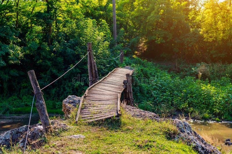 Old Wooden Footbridge Across the River. Background with Copy Space ...