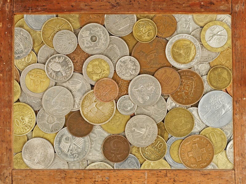 Old Wooden Frame with Numismatic Coins Collection Inside.Background ...