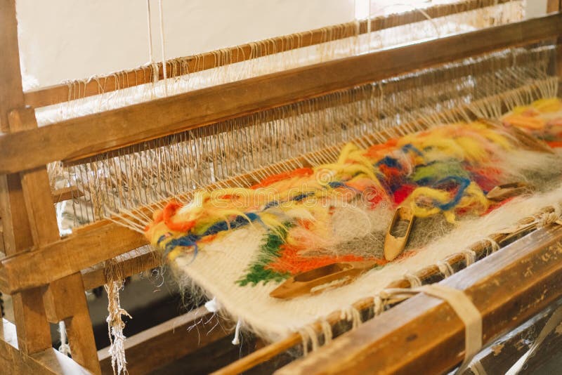Old Wooden Hand Loom. Ancient Weaving Loom in Interior of Wooden Log ...
