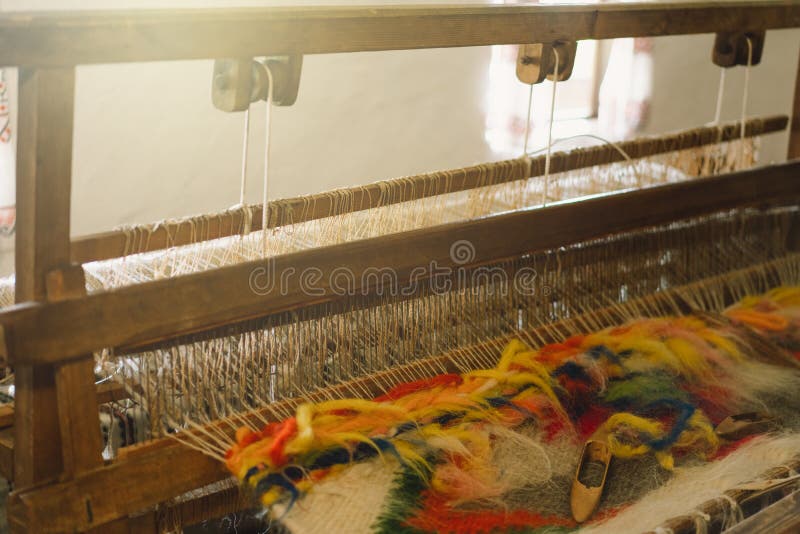 Old Wooden Hand Loom. Ancient Weaving Loom in Interior of Wooden Log ...