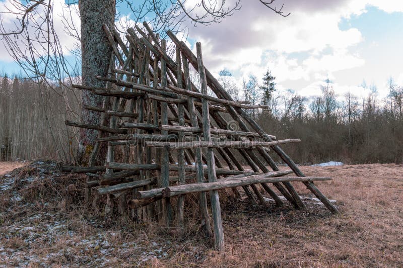 Old Wooden Hay Stack Constructions at the Tree Stock Photo - Image of ...