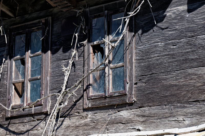 Old Wooden House with Broken Windows Stock Image - Image of uninhabited ...