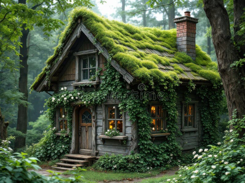 An Old Wooden House Overgrown with Plants and a House in the Forest ...