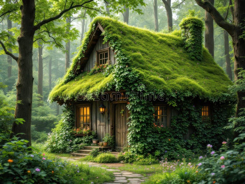 An Old Wooden House Overgrown with Plants and a House in the Forest ...