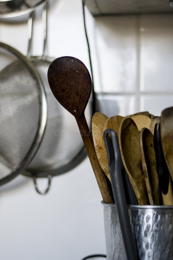 Old Wooden Kitchen Utensils in a Metal Bowl Stock Photo - Image of ...