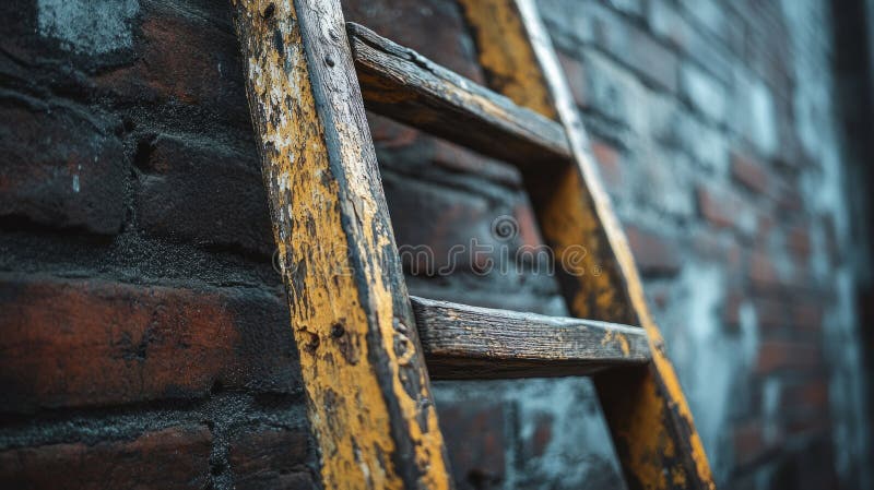 Old Wooden Ladder Leaning Against a Brick Wall. Stock Photo - Image of ...