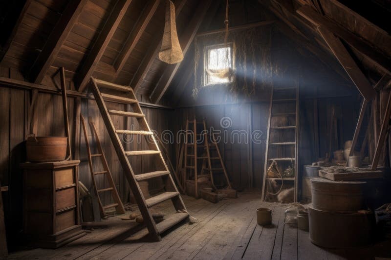 Old Wooden Ladder Reaching into a Dusty Attic Stock Illustration ...