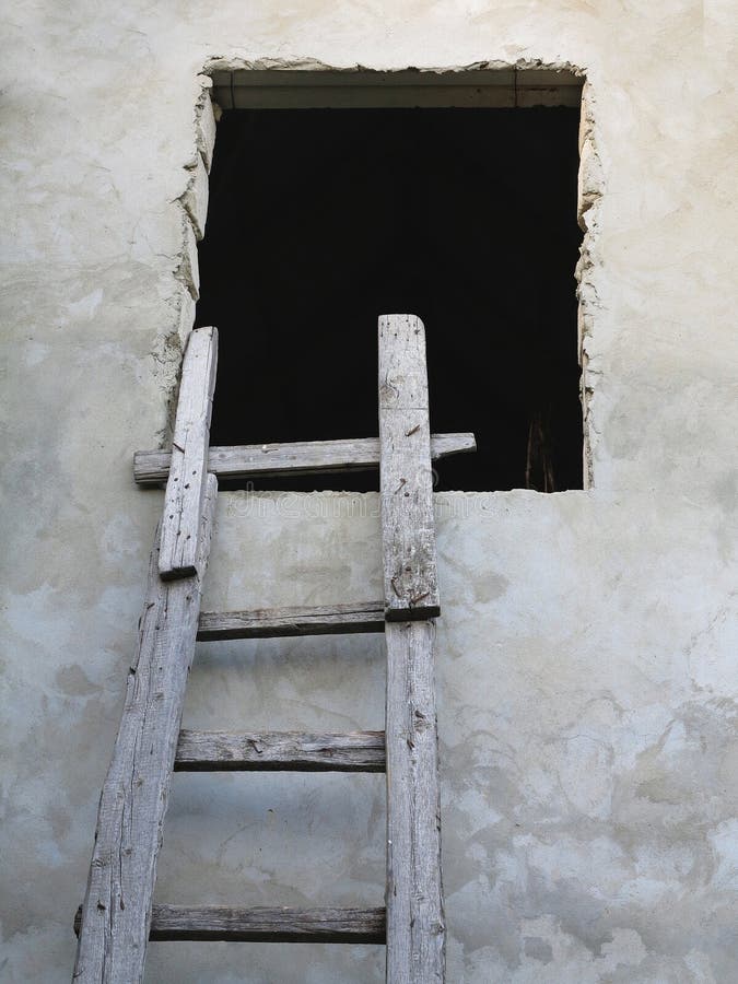 Old Wooden Ladder To Window Over the Wall Stock Photo - Image of house ...