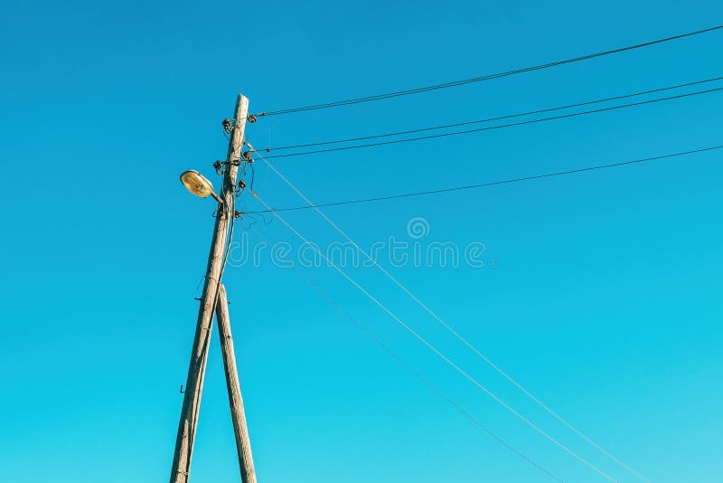 Old Wooden Lamp Post with Street Light and Electrical Wires Stock Image ...