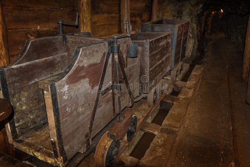 Old Wooden Mine Train with Rusty Wheels in Mine Tunnel with Wooden ...