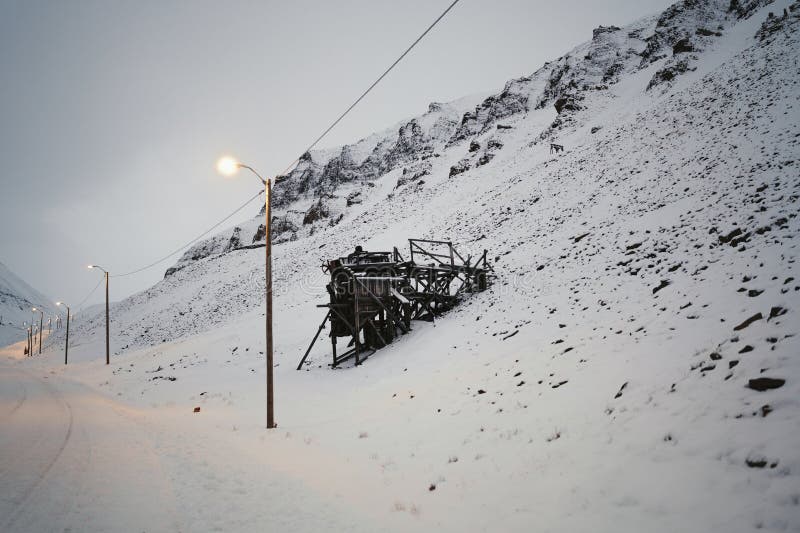 Old Wooden Mining Structure in Snow by Road in Longyearbyen, Svalbard ...