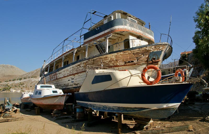 Old Wooden Restored Ship in a Dry Dock Stock Photo - Image of equipment ...