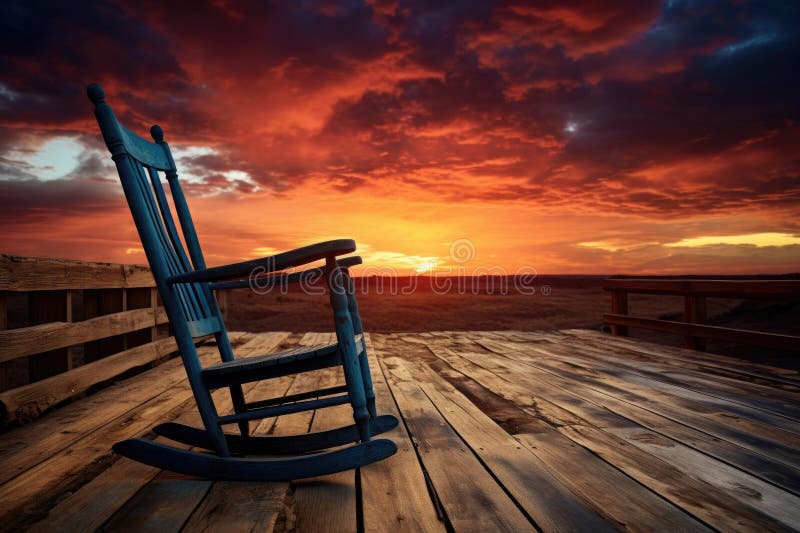 Old Wooden Rocking Chair on a Wooden Deck with a Sunset Backdrop Stock ...