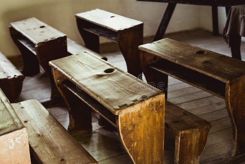 Old wooden school benches stock photo. Image of isolated - 231404086