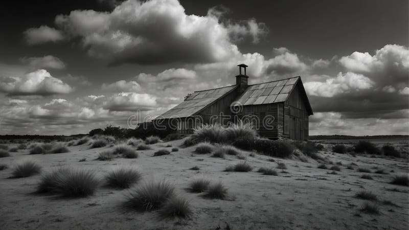 An Old Wooden Shack with a Chimney, Surrounded by Sand and Grass, Under ...