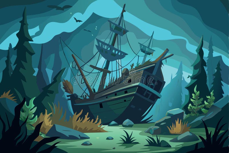Old Wooden Ship Sinking in Swamp at Night with Green Sky- Stock Vector ...