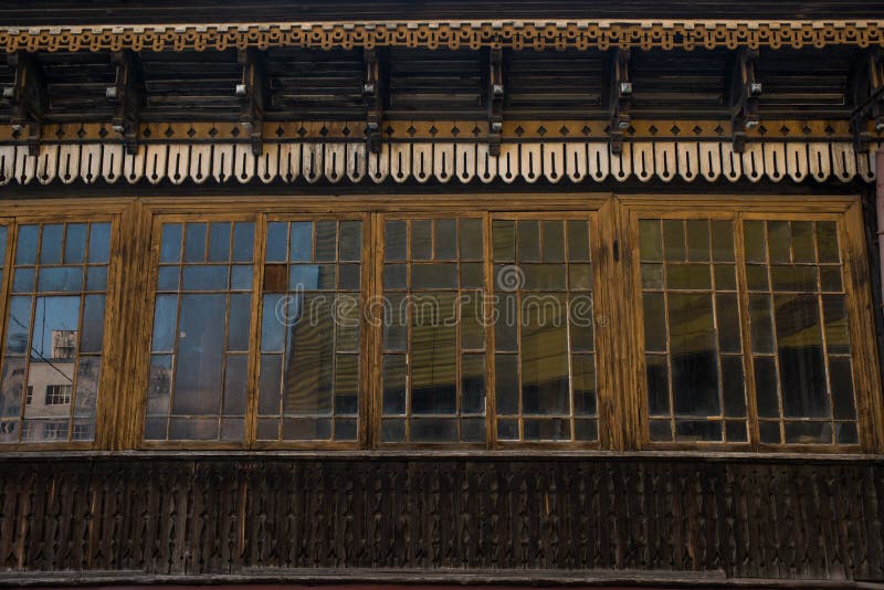 An Old Wooden Soviet Building with Mirrored Windows Stock Photo - Image ...